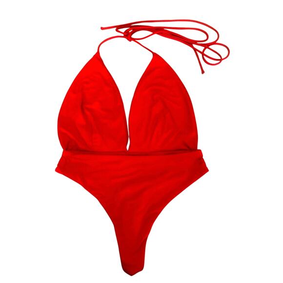 babyboo | Tops | Babyboo Red Deep Plunge Sexy Bodysuit Halter Tie Size ...